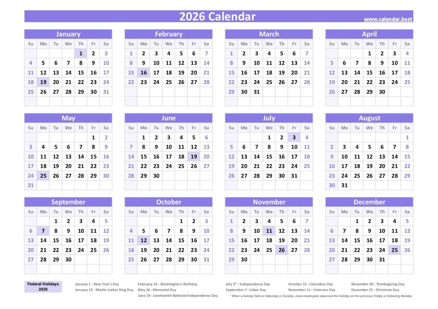 Federal Holidays Free Printable 2026 Calendar With Holidays - calendar ...