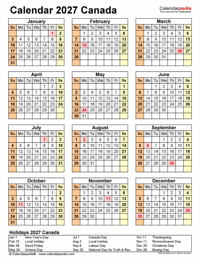2027 Calendar Canada With Holidays Printable - calendar.sorteasport.com